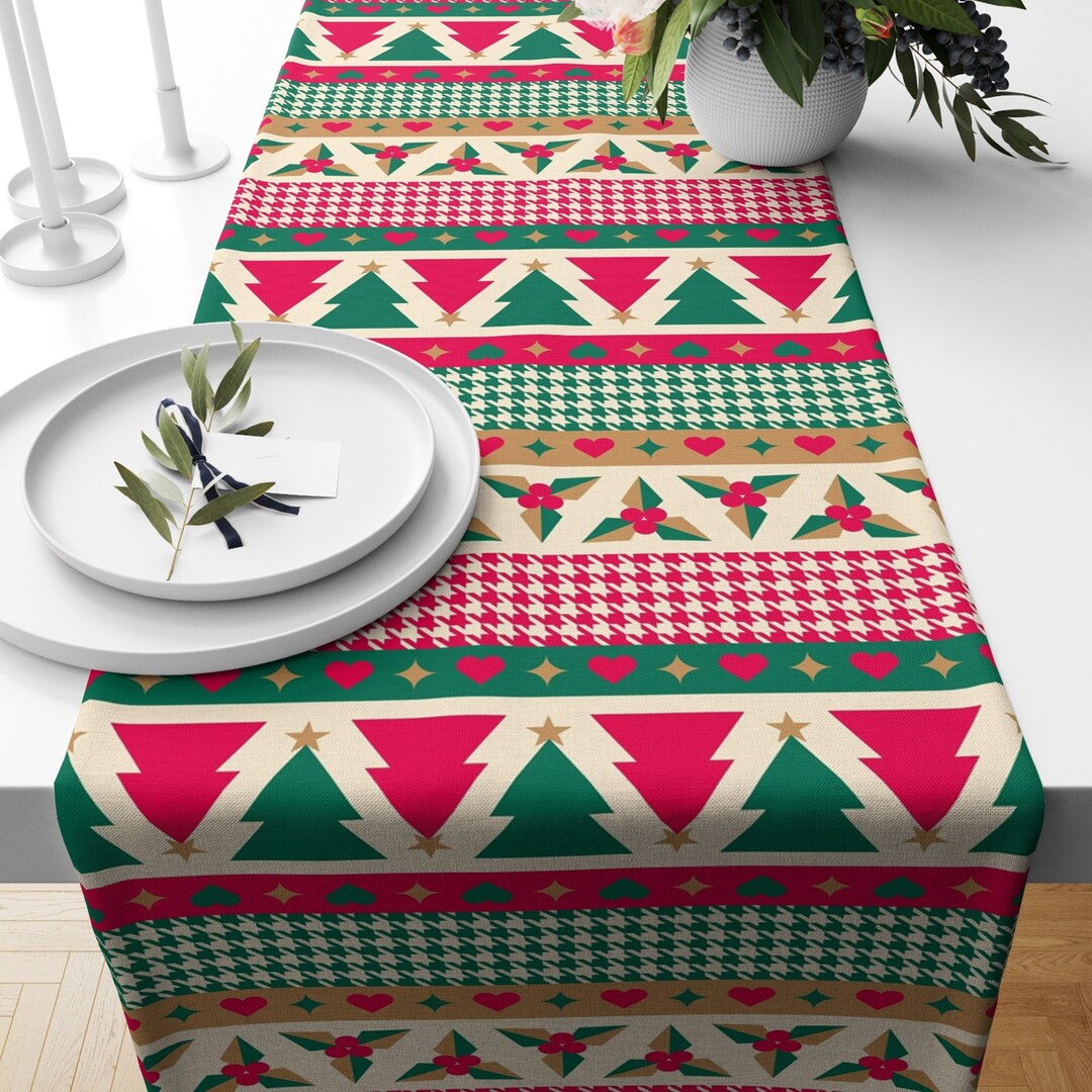 Christmas Colorful Pine Trees Table Runner, Holly Pine Tree Table ...