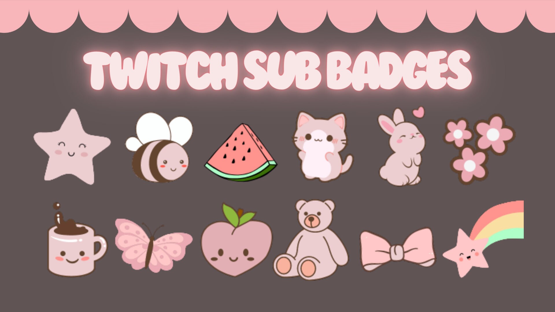 Cute Pink Twitch Sub Badges Kawaii Emotes and Sub Badges Pink Overlay ...