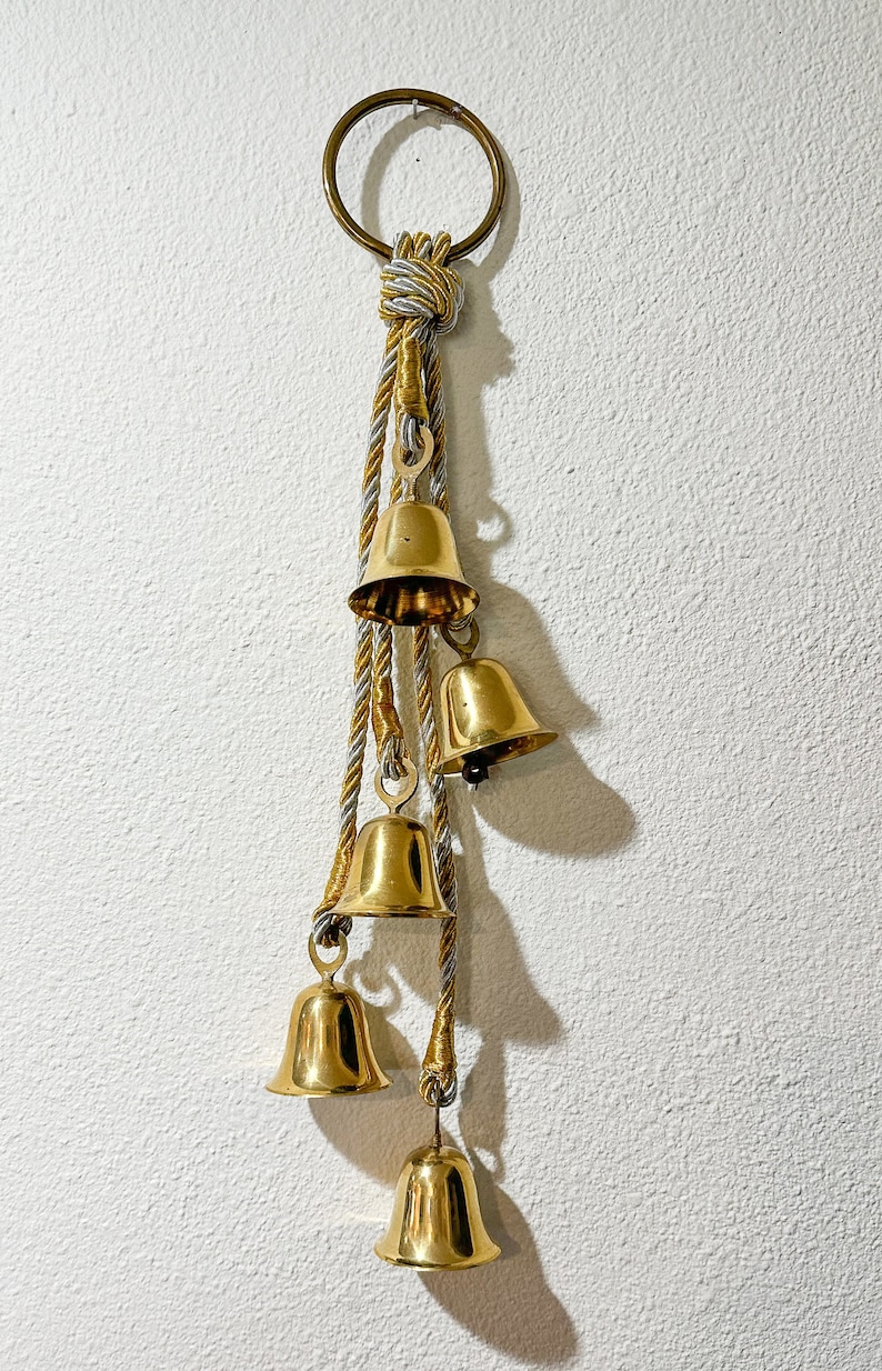 Vintage Brass Bells 5 on Gold and Silver Silk Metallic Twisted Rope ...