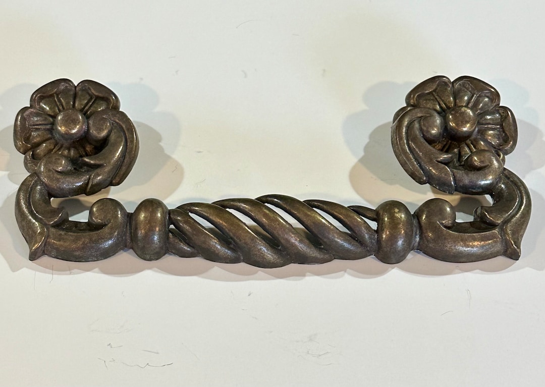 Antiqued Brass Large Vintage Drawer Pull 6" Center Fixed/faux Bail Twisted Spiral Handle Floral ...