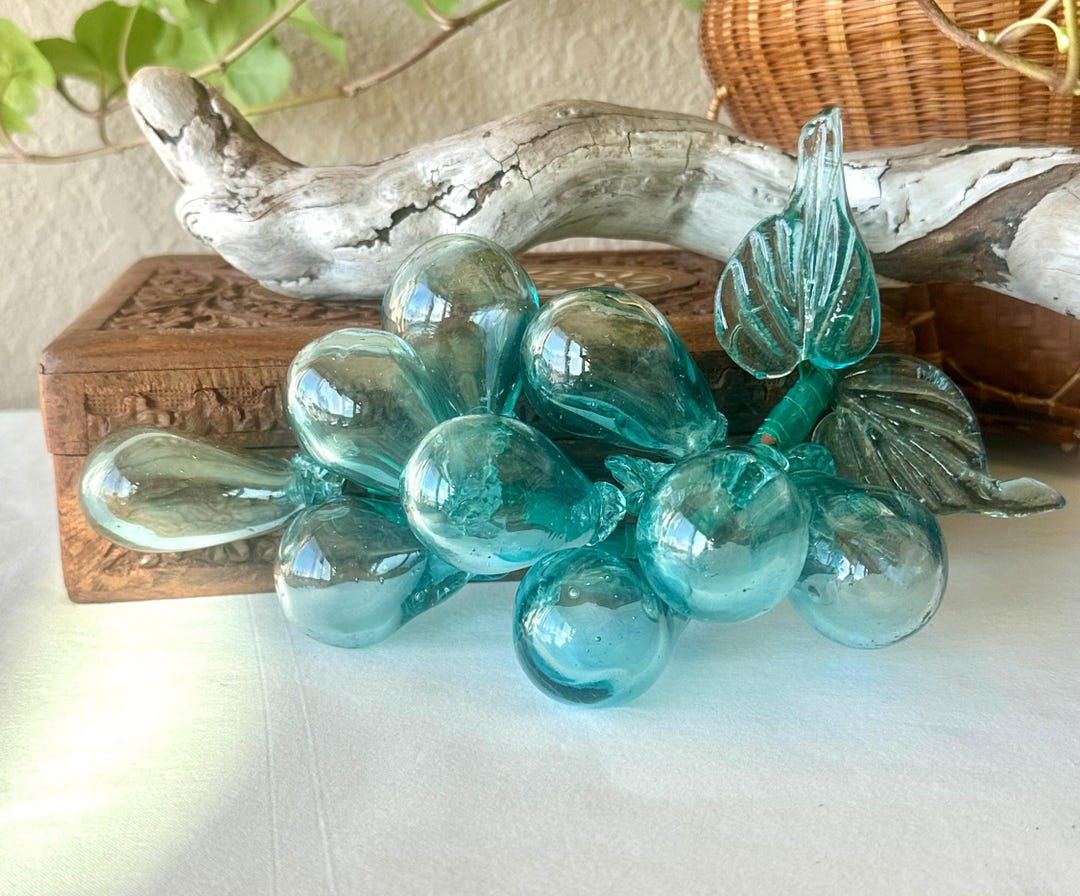 Vintage Mid-century Hand Blown Glass Grape Cluster, Aqua Blue Glass ...