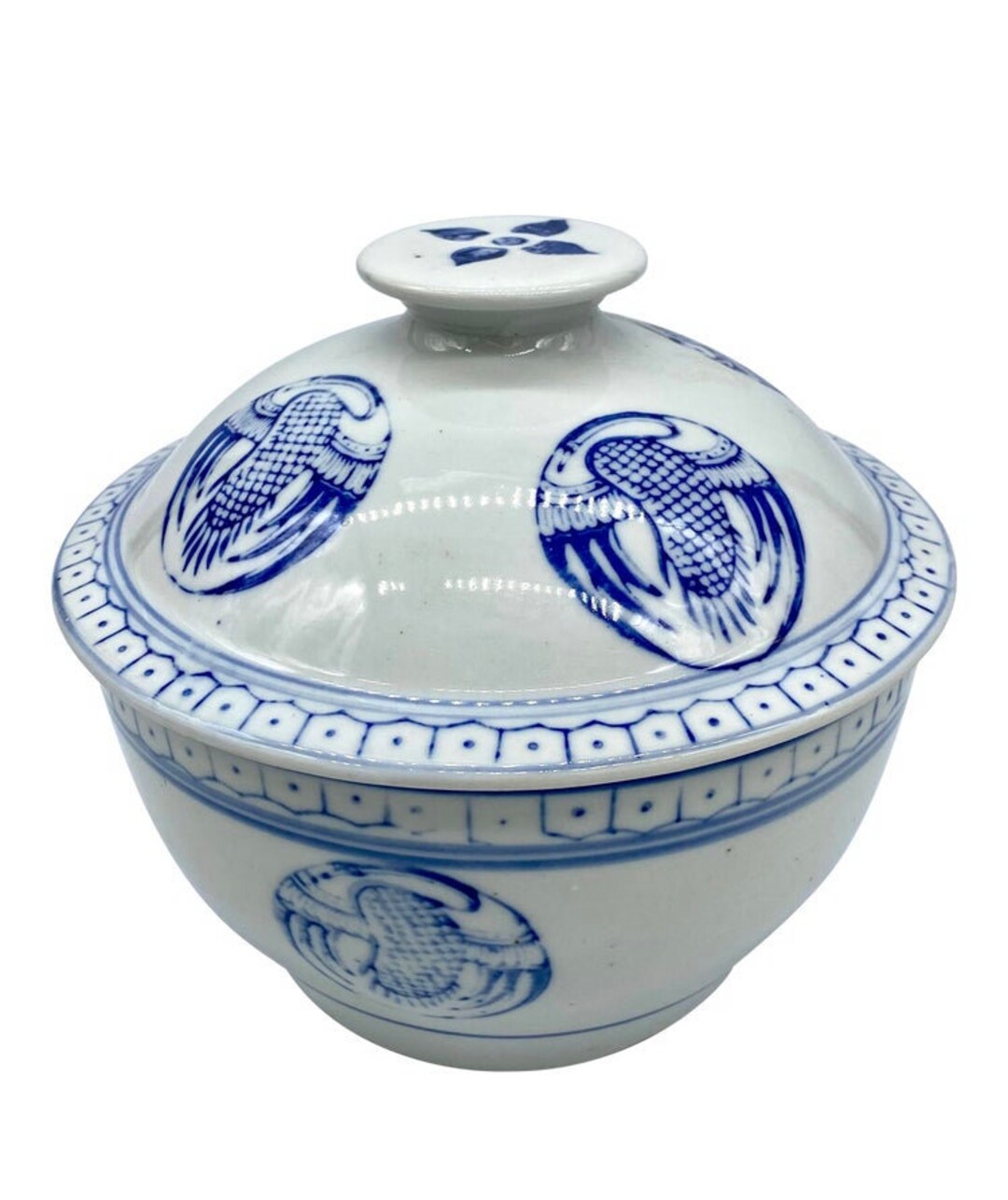 Vintage Large Lidded Porcelain Rice Bowl Asian Blue and White Pottery ...