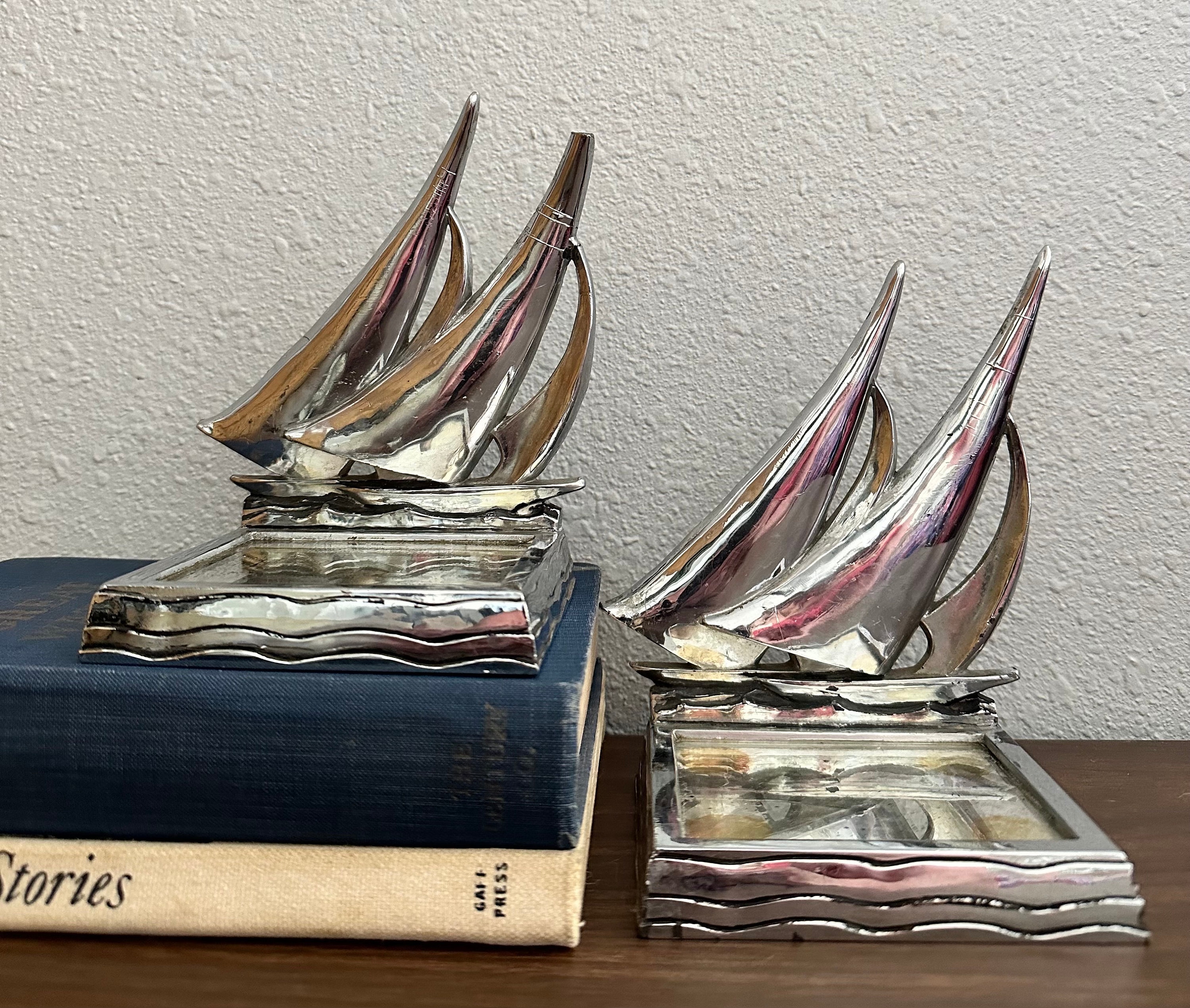 Vintage Chrome Sailboat Bookends With Mirrored Trinket Dish Base Silver ...