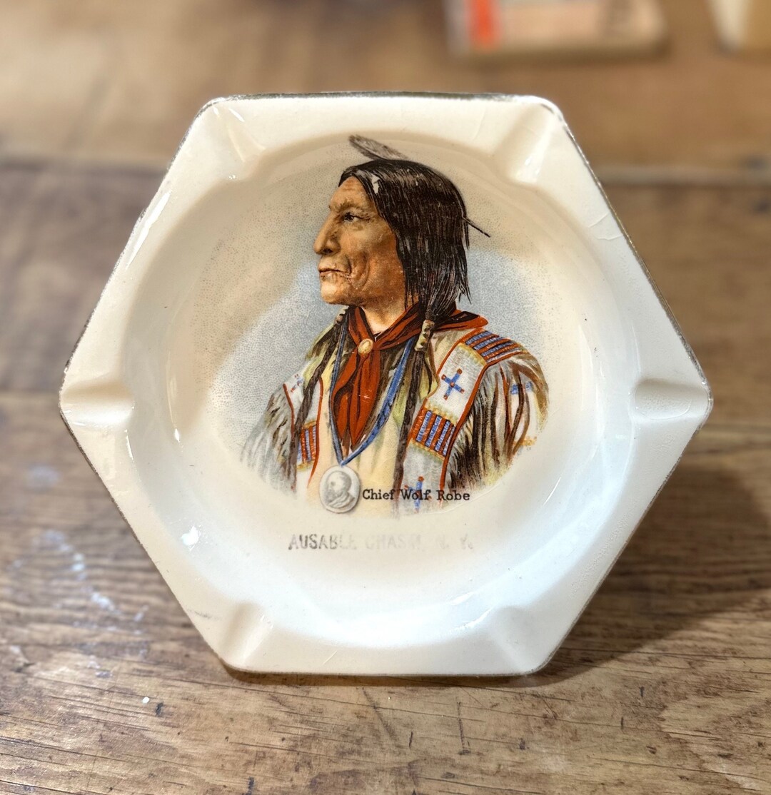 Vintage Ausable Chasm N.Y. Indian Chief Wolf Robe, Souvenir Ashtray ...