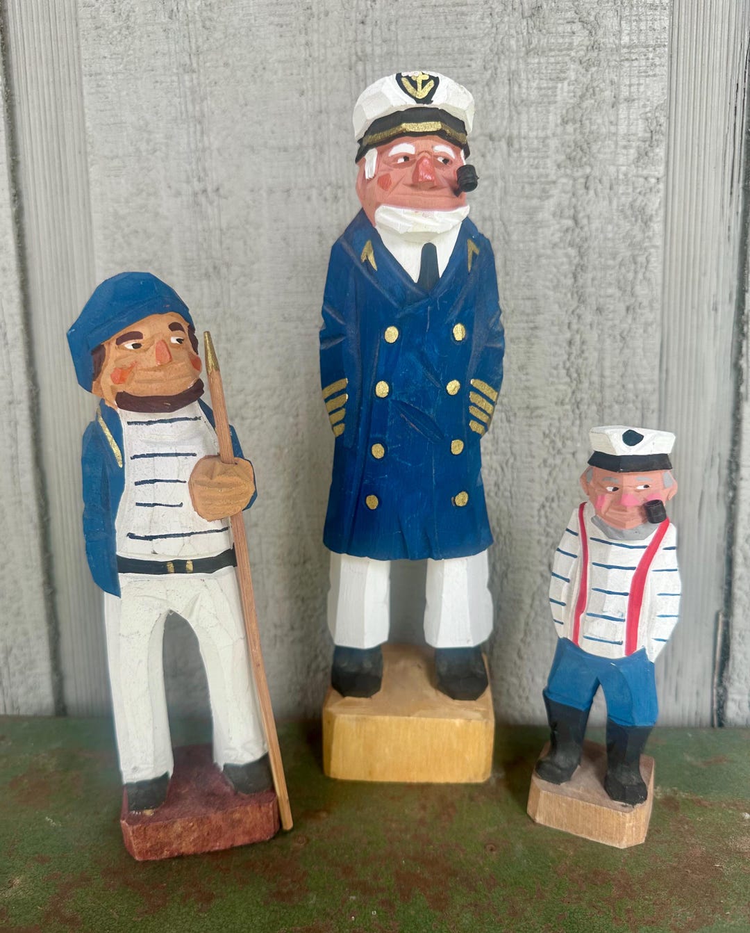 Set of 3 Vintage Hand-carved Wooden Sea Captain Statues – Nautical ...