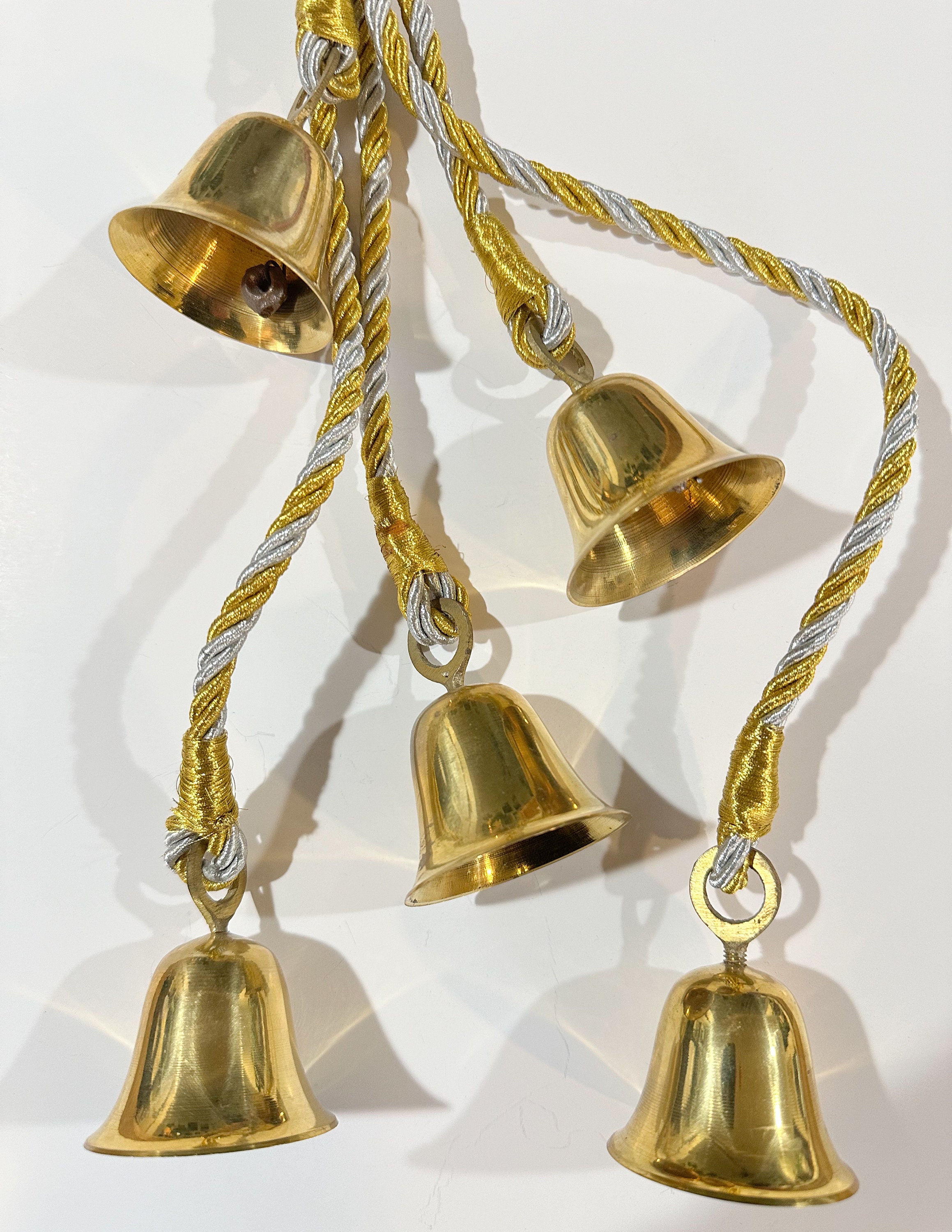 Vintage Brass Bells 5 on Gold and Silver Silk Metallic Twisted Rope ...