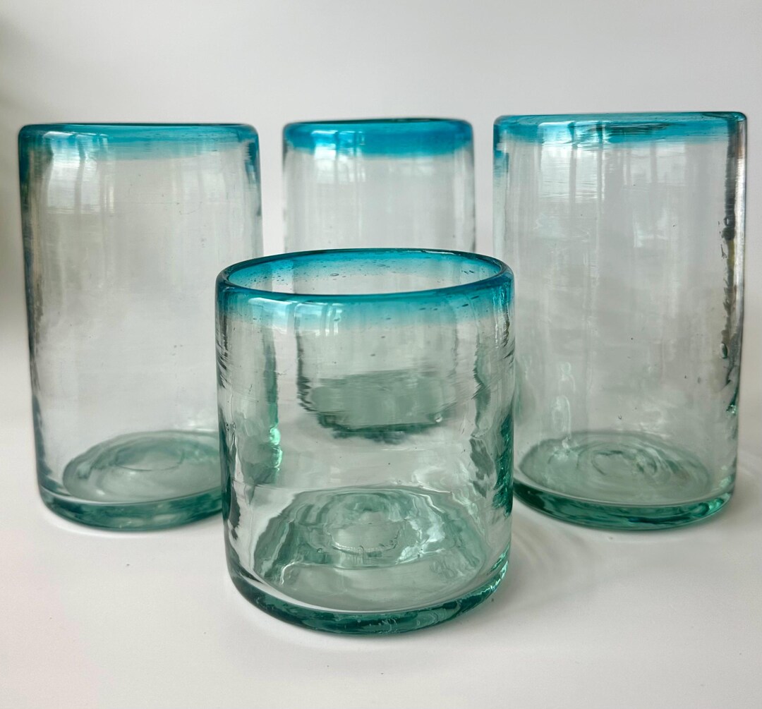 Set of 4 Hand Blown Mexican Glasses – Turquoise Rim Rustic Glass ...