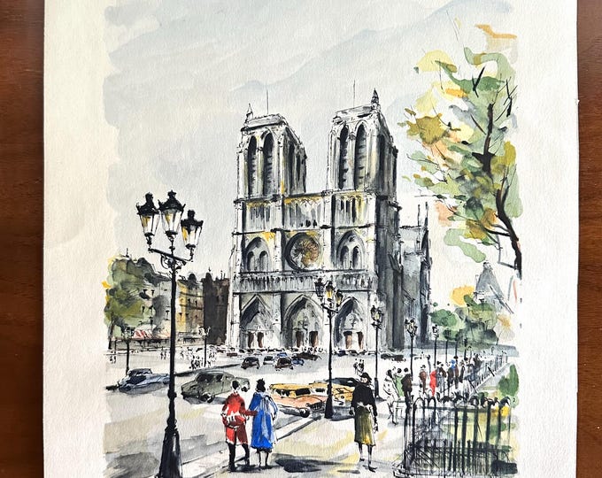 Vintage 1950s Paris, Notre Dame Original Watercolor Lithograph Print by ...