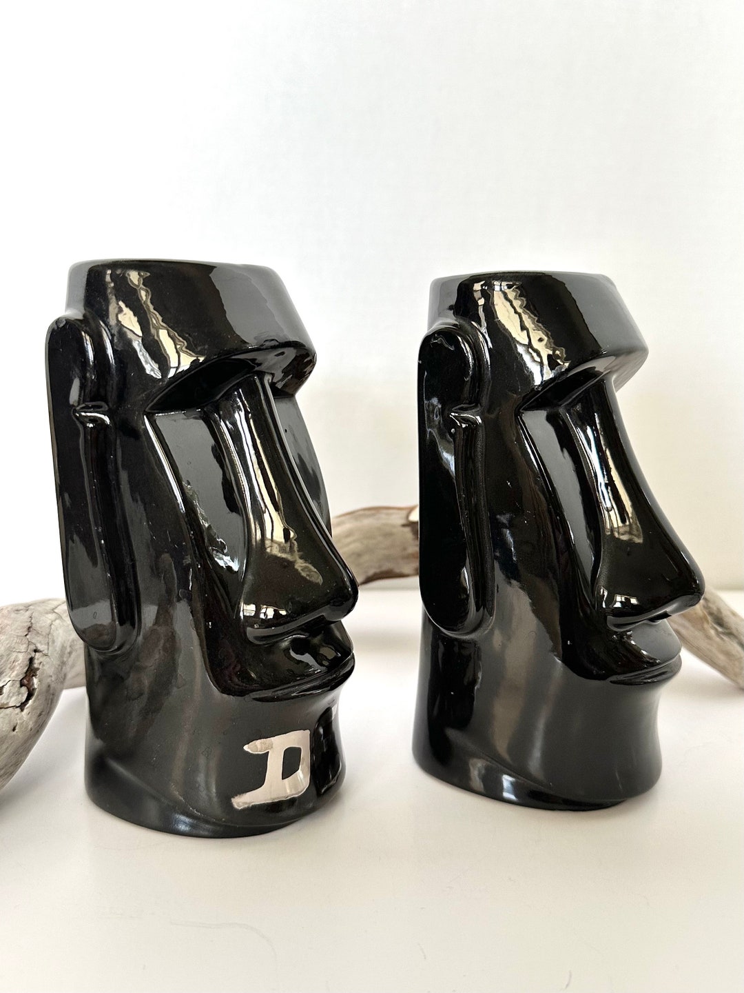 Pair of Vintage MCM Ceramic Tiki Mugs, Aku Aku, Moai, Easter Island, Glossy Black, Tiki Bar ...