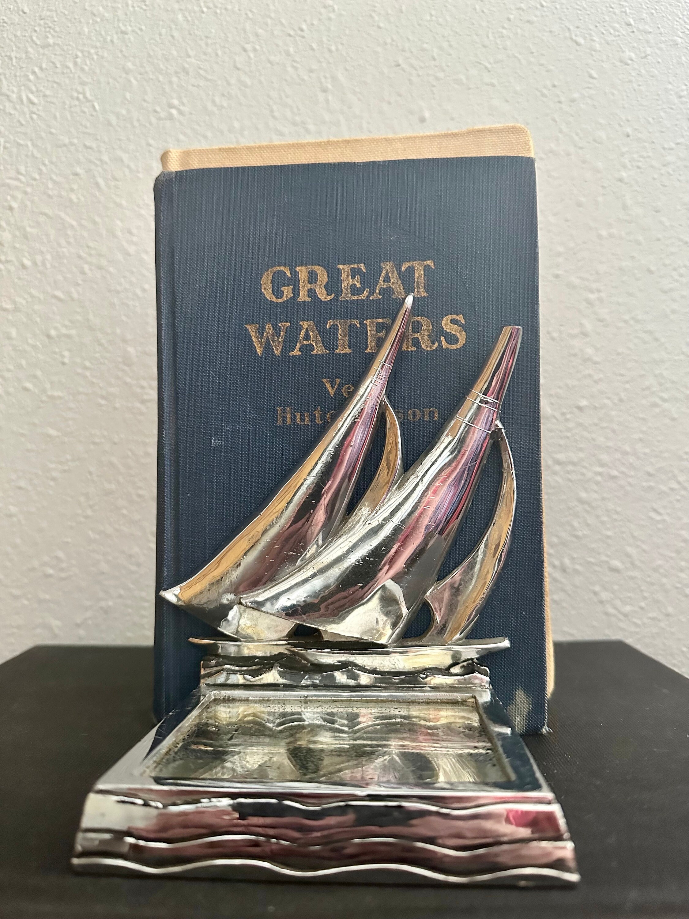 Vintage Chrome Sailboat Bookends With Mirrored Trinket Dish Base Silver ...
