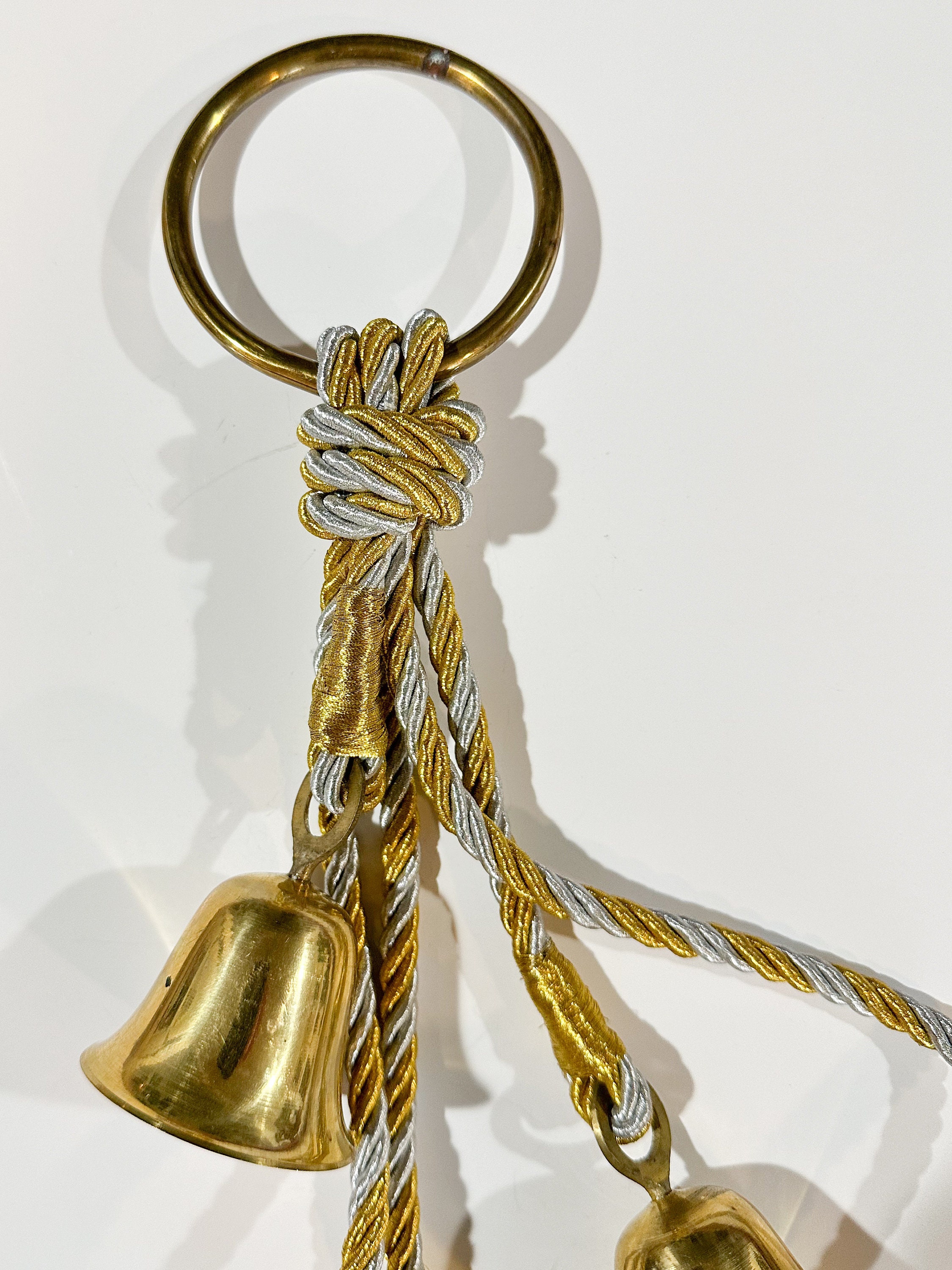 Vintage Brass Bells 5 on Gold and Silver Silk Metallic Twisted Rope ...