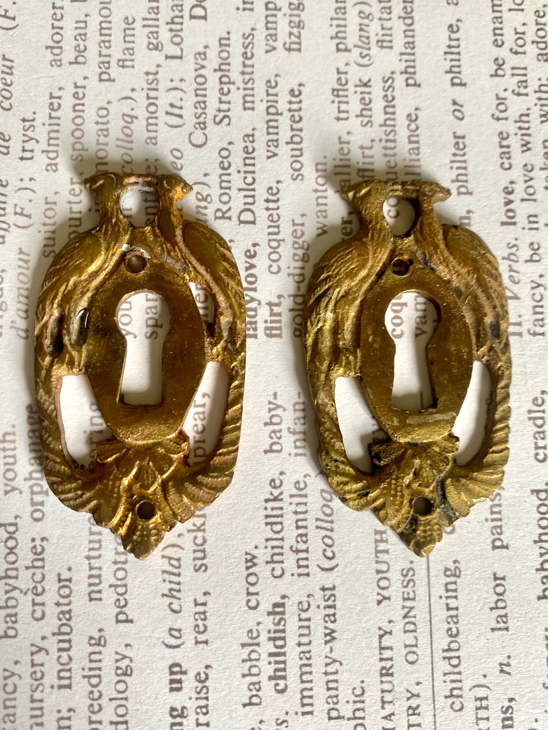 Pair of Antique Cast Brass Victorian Keyhole Covers W/ Birds Ornate Key ...