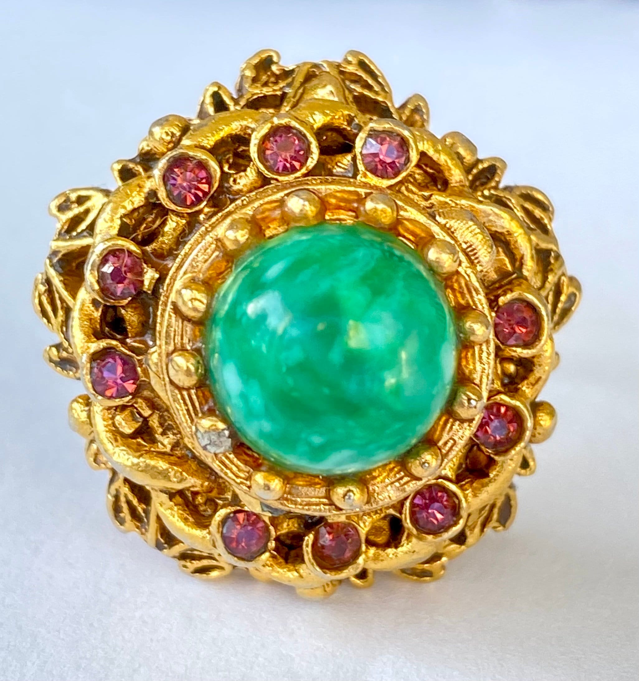 Vintage FLORENZA Signed Gold Dome Poison Ring Green Cabochon & Pink ...