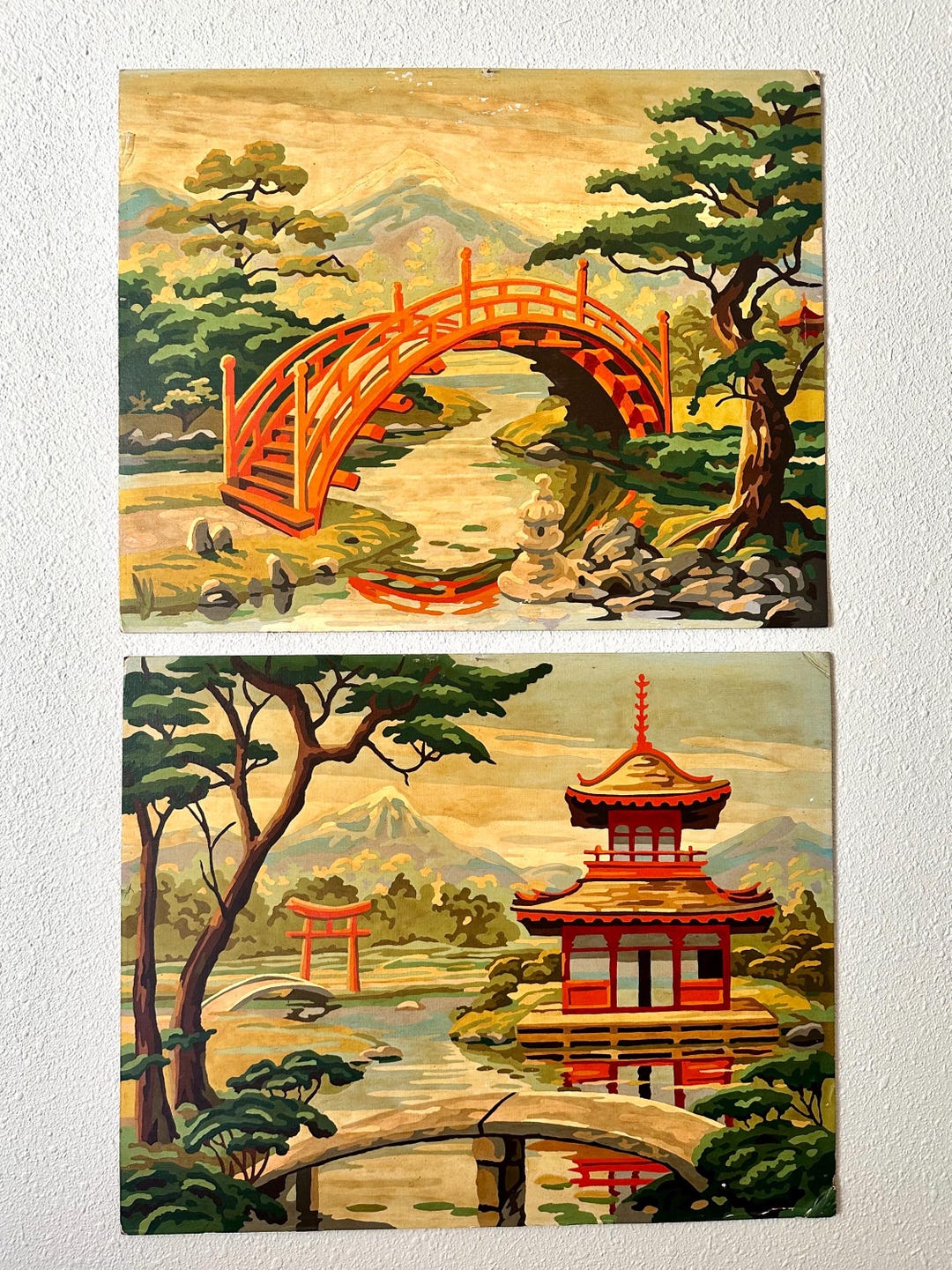 Pair of Large Vintage Asian Paint by Number Paintings Completed ...