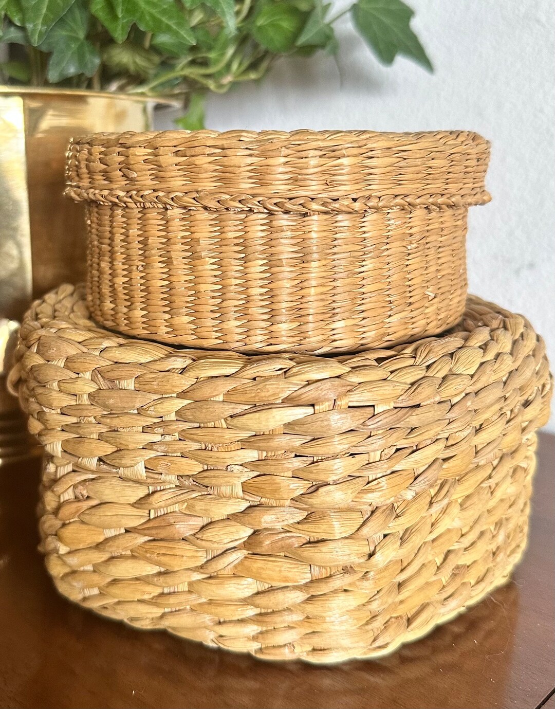 Pair of Vintage Woven Nesting Baskets With Lids Storage Basket Boho ...
