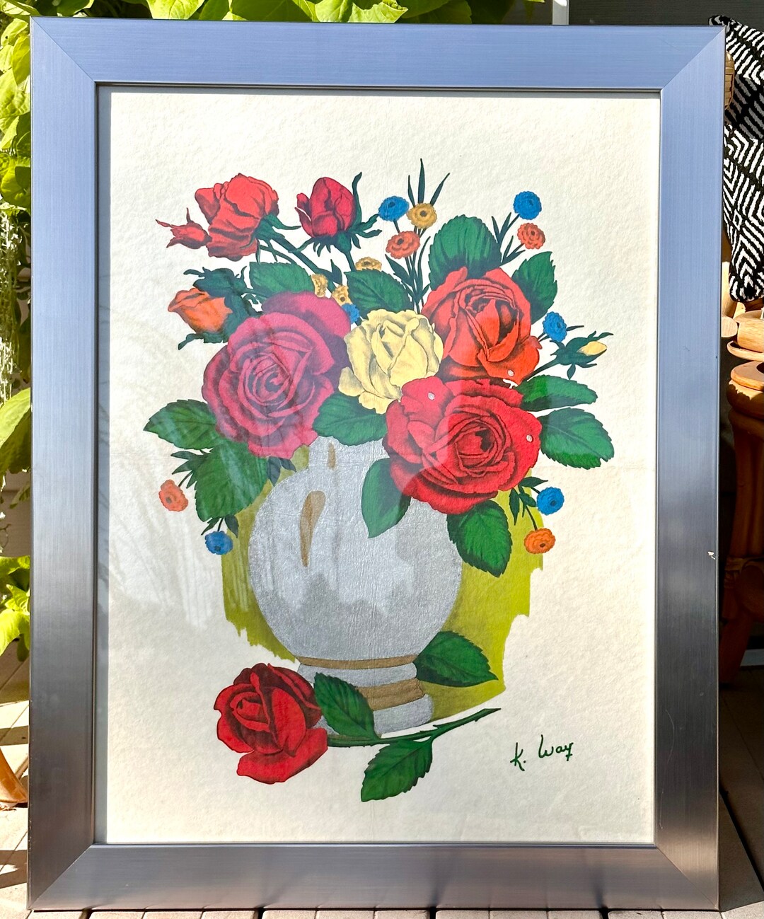 Framed Vintage Floral Still Life Roses in Silver Vase, 70s Tri-chem ...