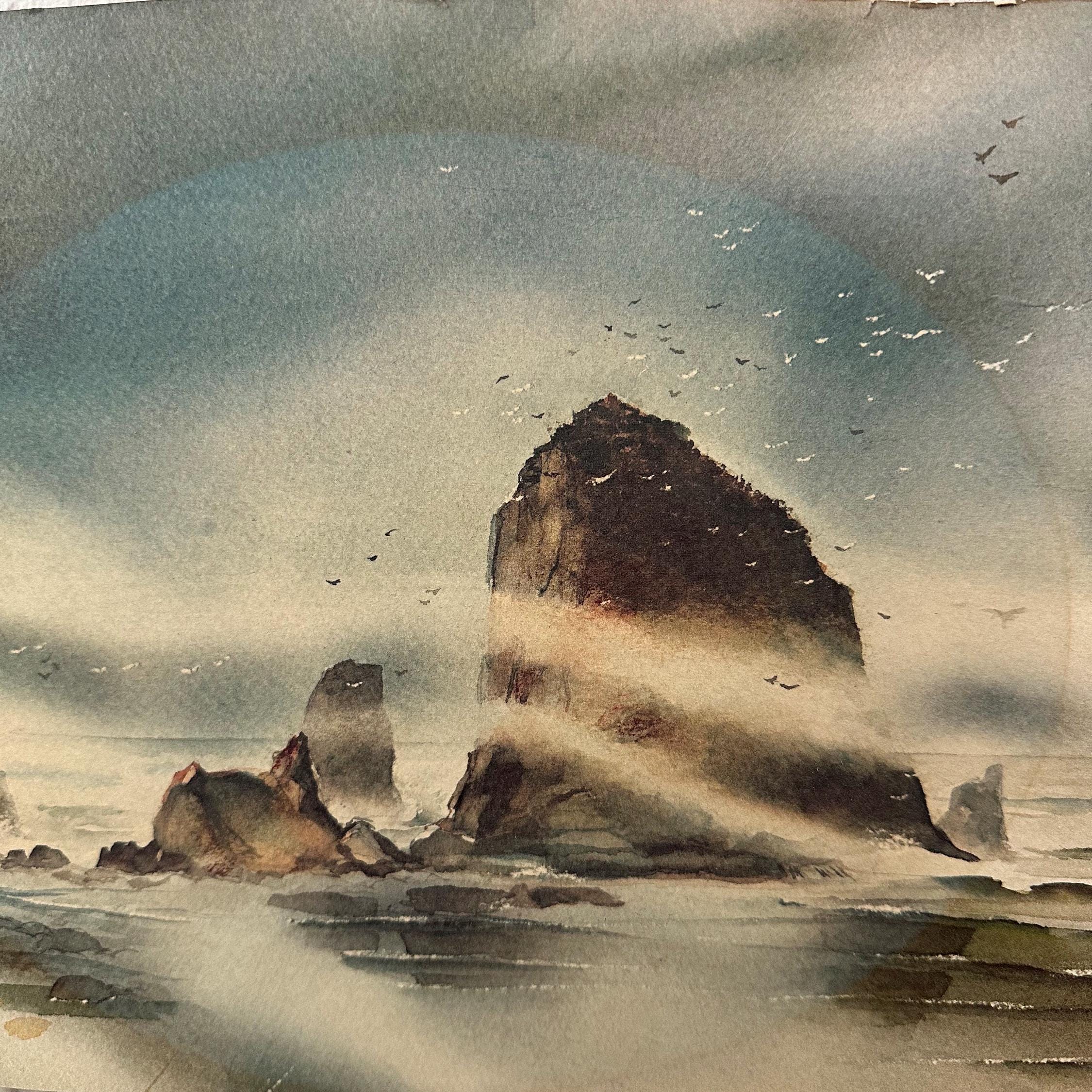 1970s Original Watercolor Painting Oregon Coast, Cannon Beach, Haystack ...