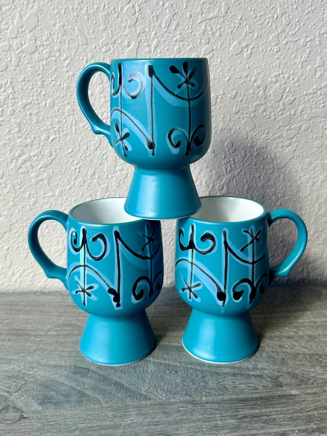 Vintage Set of 3 Mid-century Modern Pedestal Mugs - Turquoise Glaze W ...