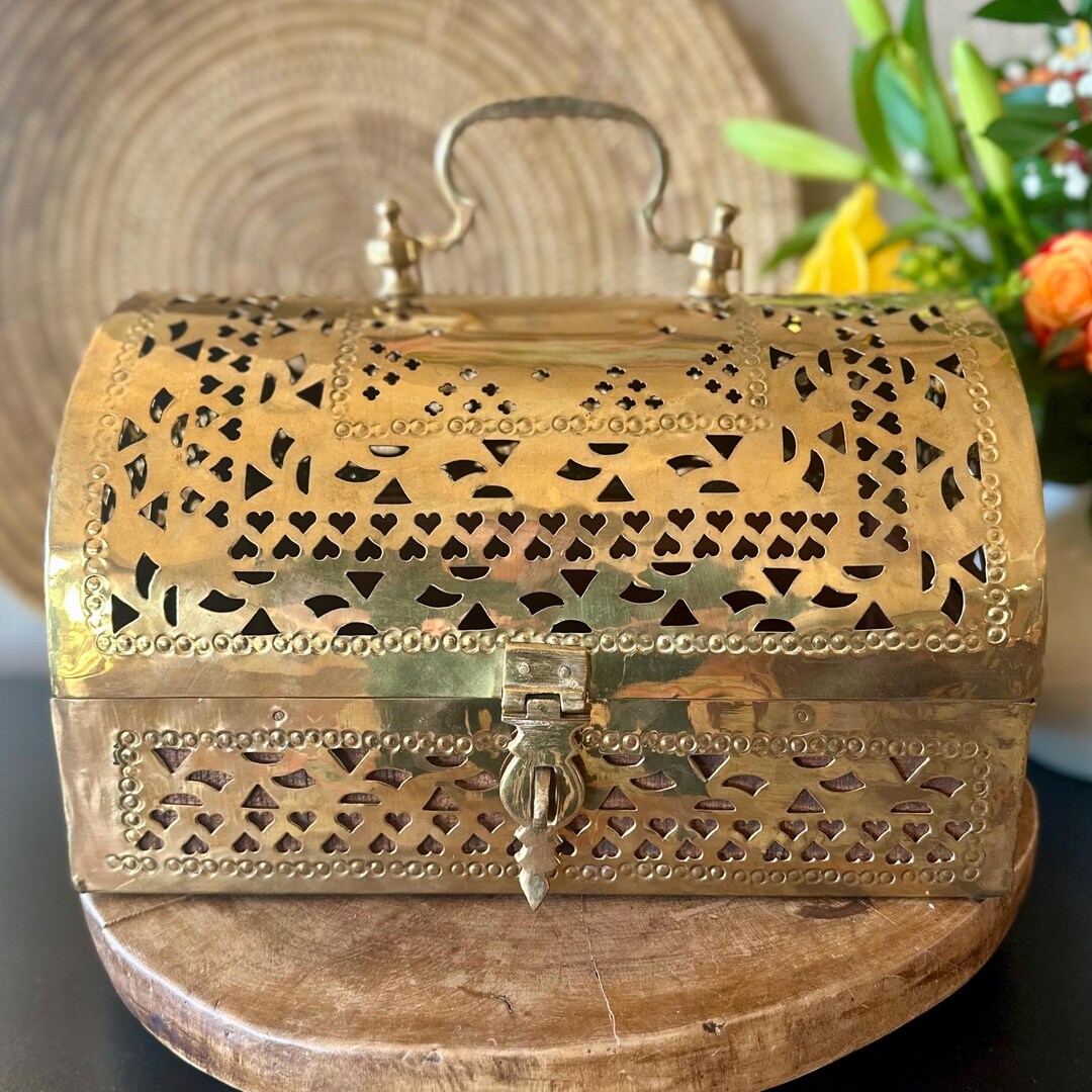 Large Vintage Brass Cricket Storage Box W/ Domed Lid, Oversized Pierced ...