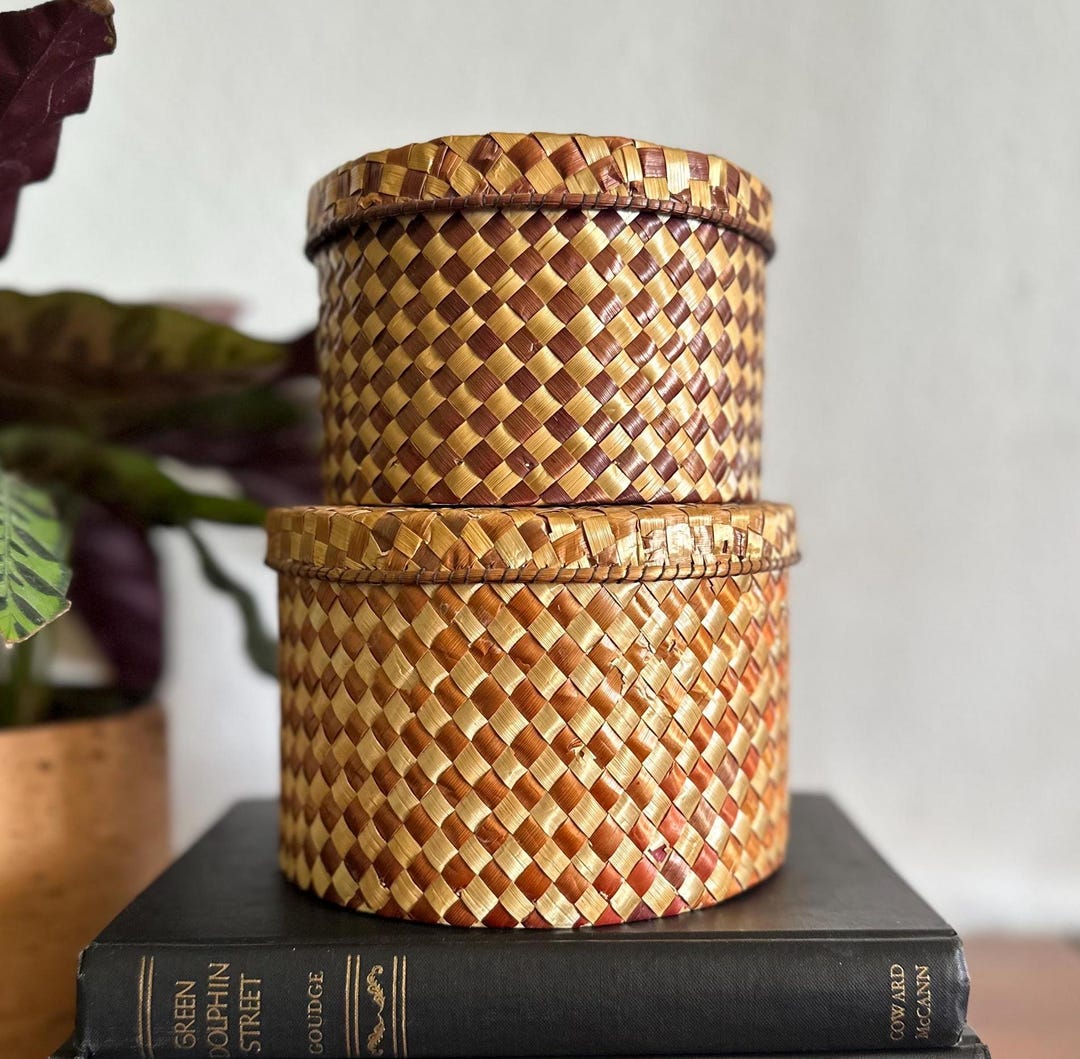 Vintage Chinese Nesting Baskets With Lids - Set of 2, Intricate Woven ...