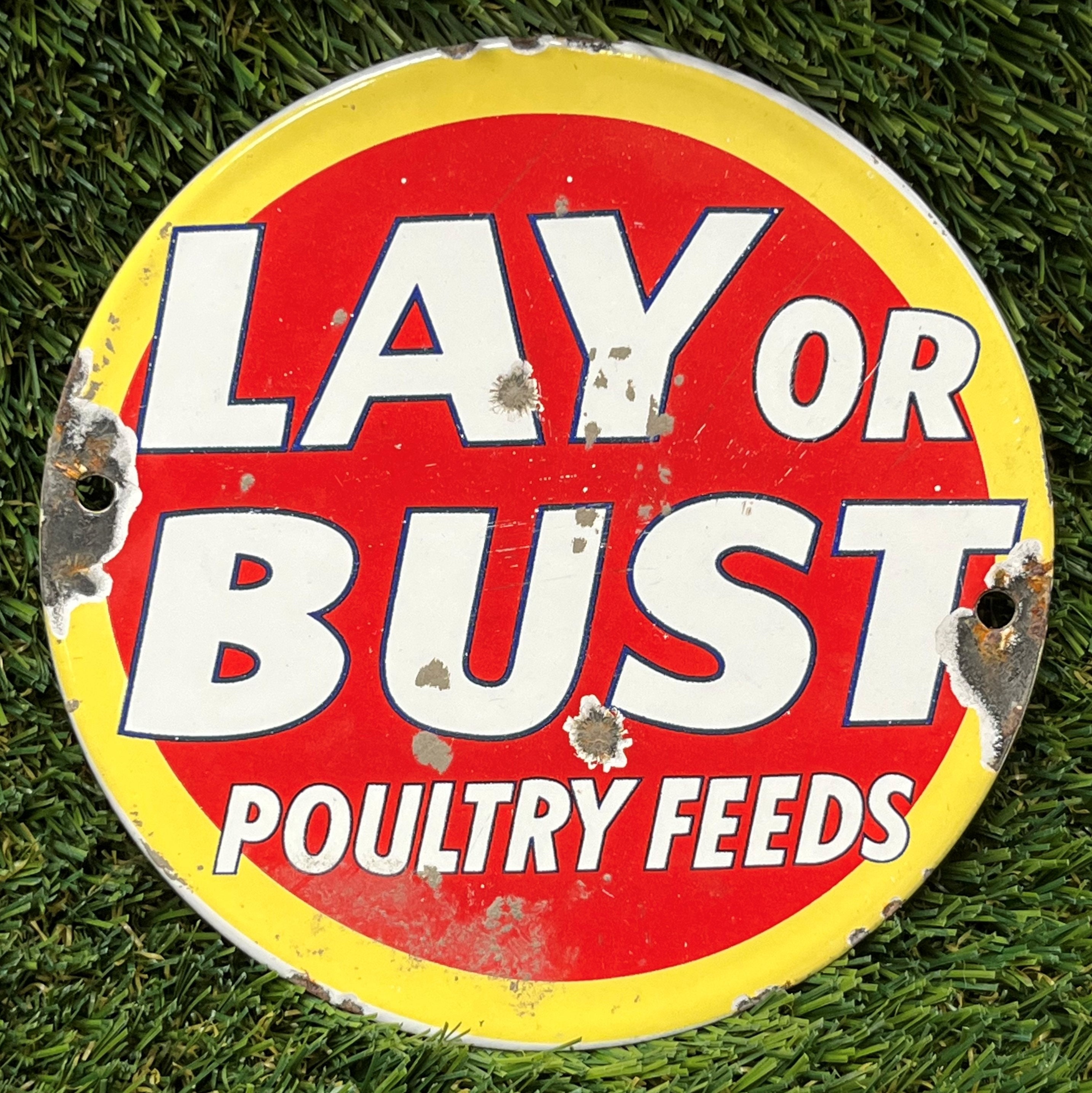 Vintage Porcelain Sign Lay or Bust Poultry Feed Company Metal Enamel ...