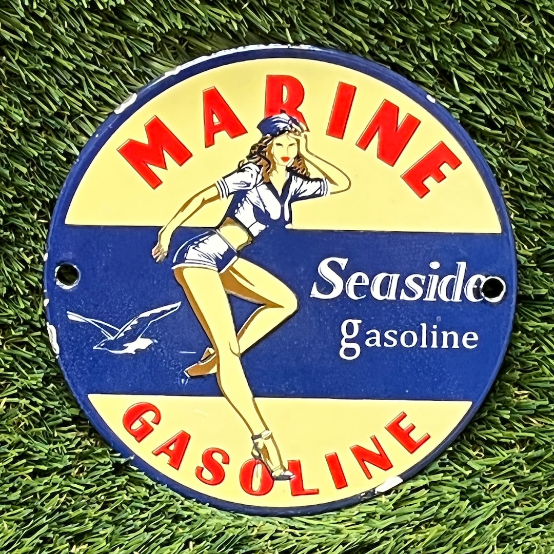 Vintage Porcelain Sign Marine Gasoline Company Pin-up Girl Metal Enamel ...