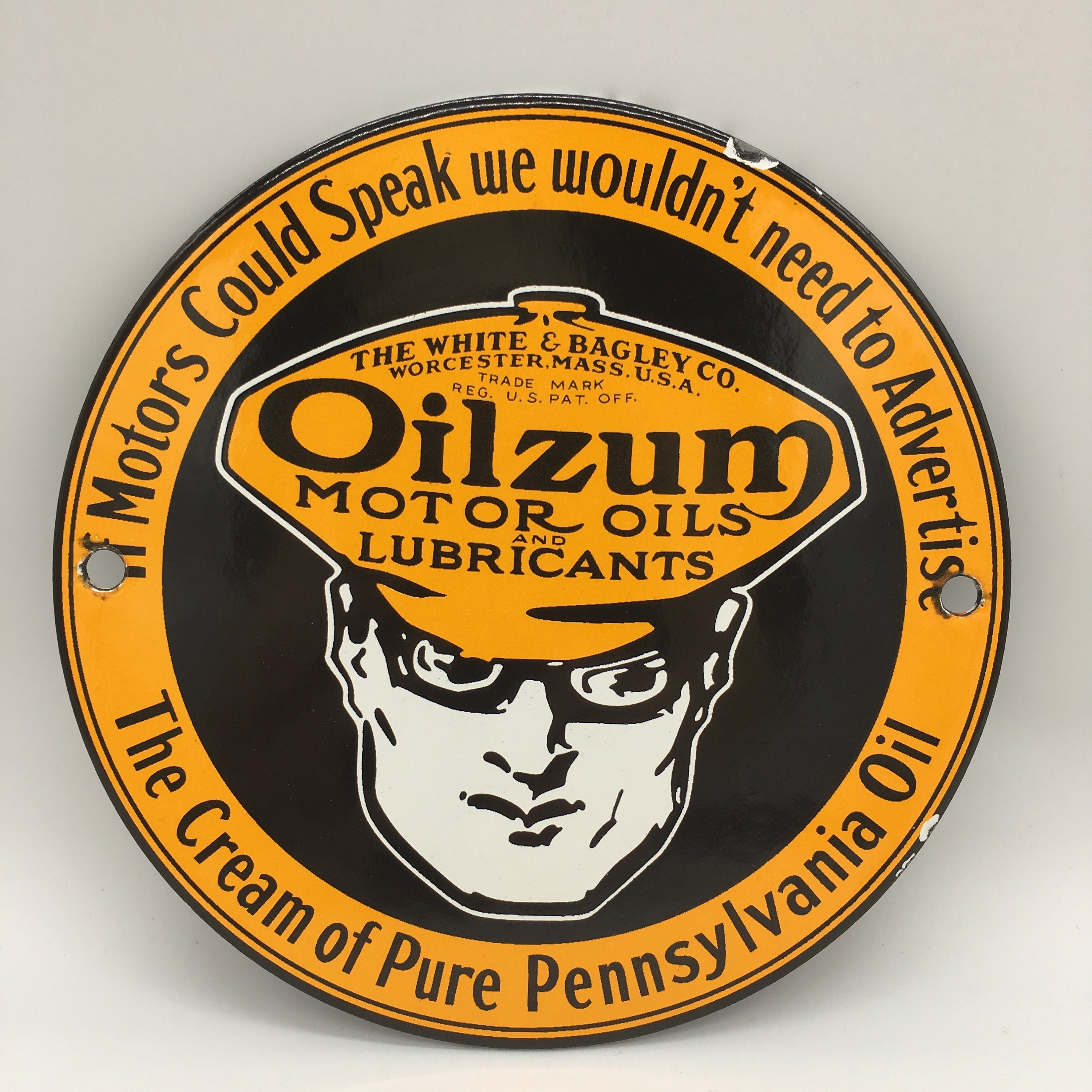 Vintage Porcelain Sign Oilzum Oil Mechanic Metal Enamel Gas Station ...