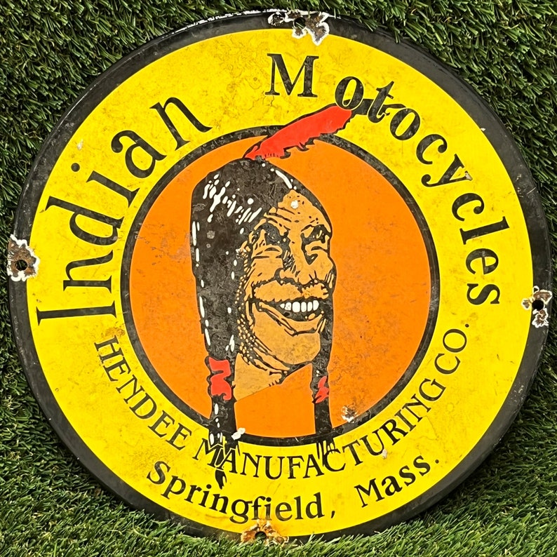 Vintage Porcelain Sign Indian Motorcycles Hendee MFG Chief Metal Enamel ...