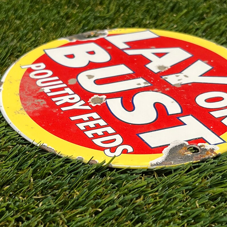 Vintage Porcelain Sign Lay or Bust Poultry Feed Company Metal Enamel ...