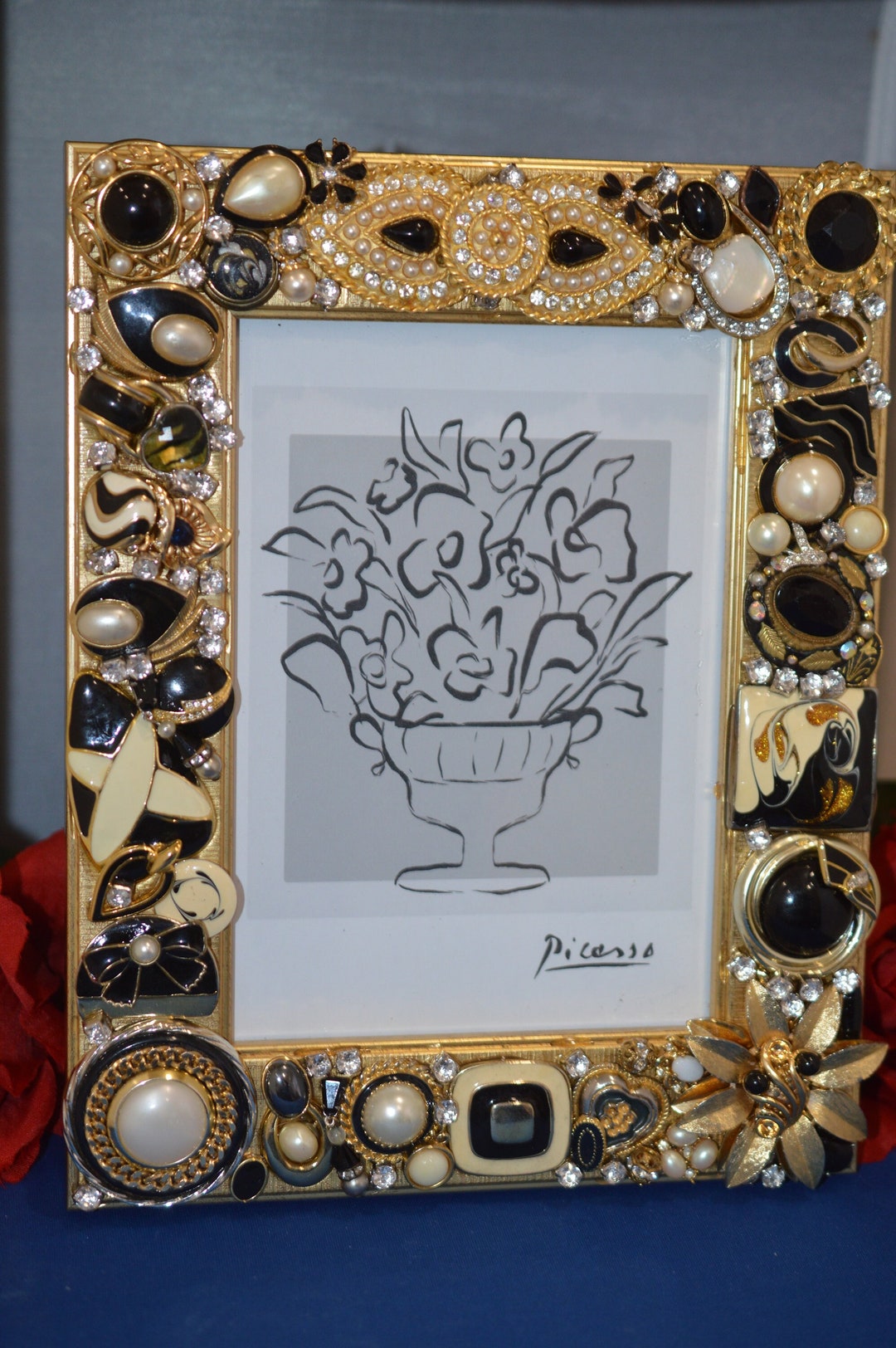 JEWELED JEWELRY DECORATED Rhinestone Embellished Art Picture Frame ...