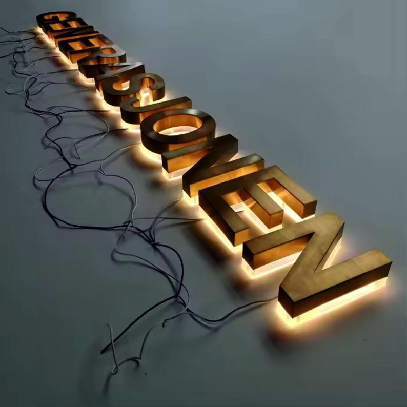 Custom 3D Stainless Steel Sign With Gold Halo Lighting Outdoor ...