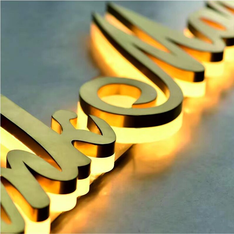 Custom 3D Stainless Steel Sign With Gold Halo Lighting Outdoor ...
