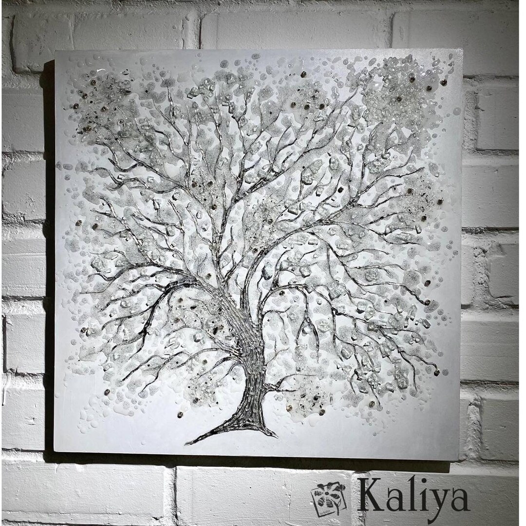Silver Textured Painting Tree of Life. Silver Leaf Painting Original ...