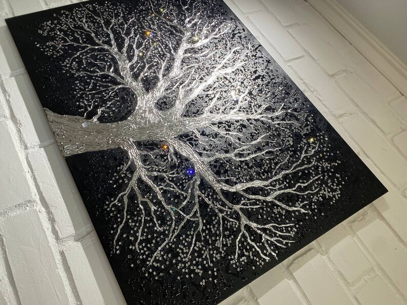 Black Silver Tree of Life Art Painting Original. Mirror Crystals Resin ...
