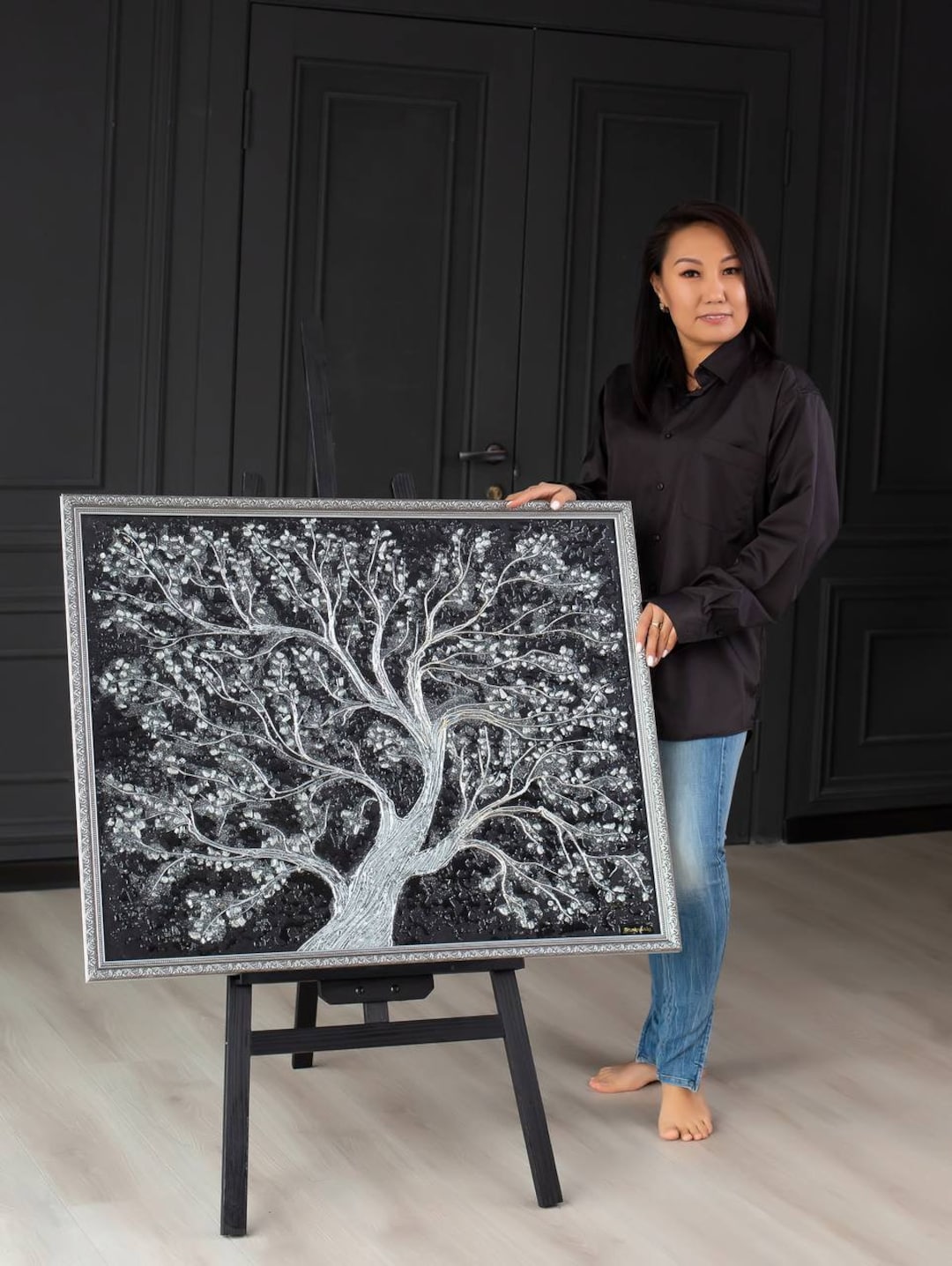 Large Tree Painting Silver on Black Tree of Life Original Artwork ...
