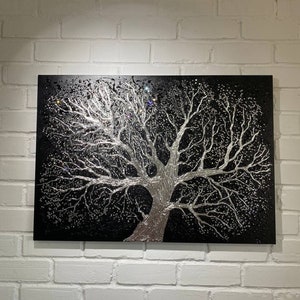 Black Silver Tree of Life Art Painting Original. Mirror Crystals Resin ...