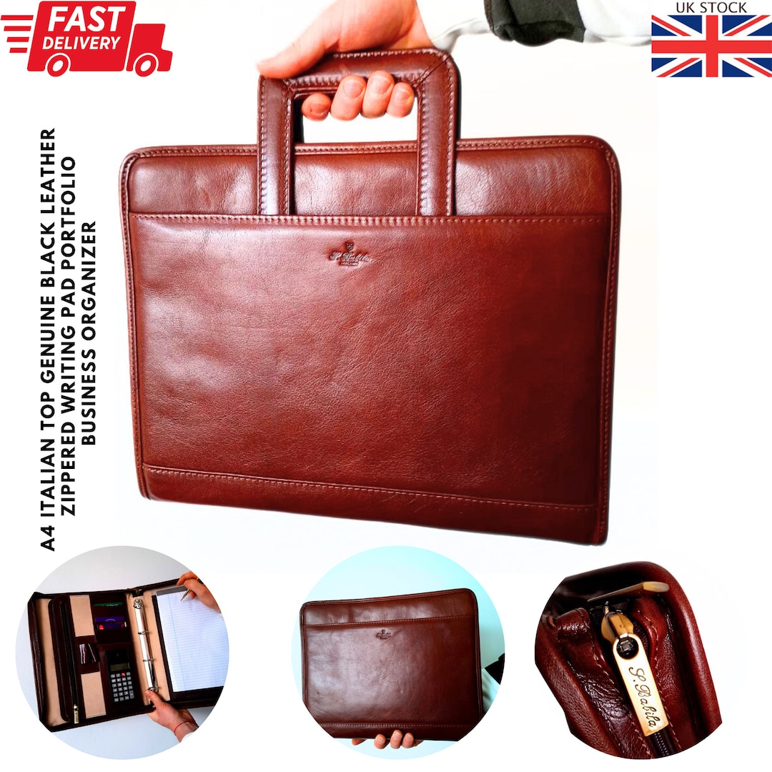 Premium Briefcase Italian Genuine Leather A4 Conference Pad Portfolio ...