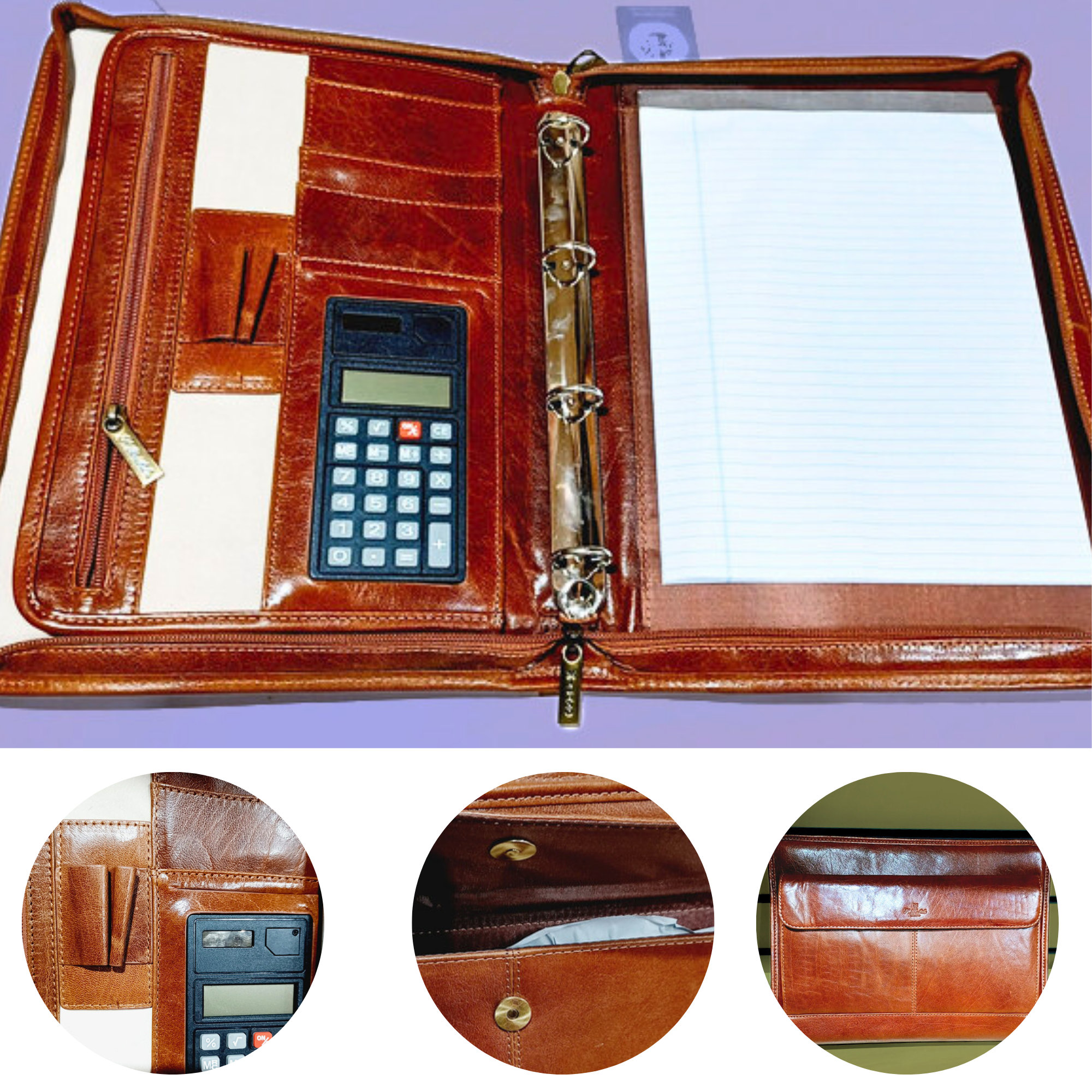 A4 Italian Top Genuine Leather Cognac Zippered Writing Pad Portfolio ...