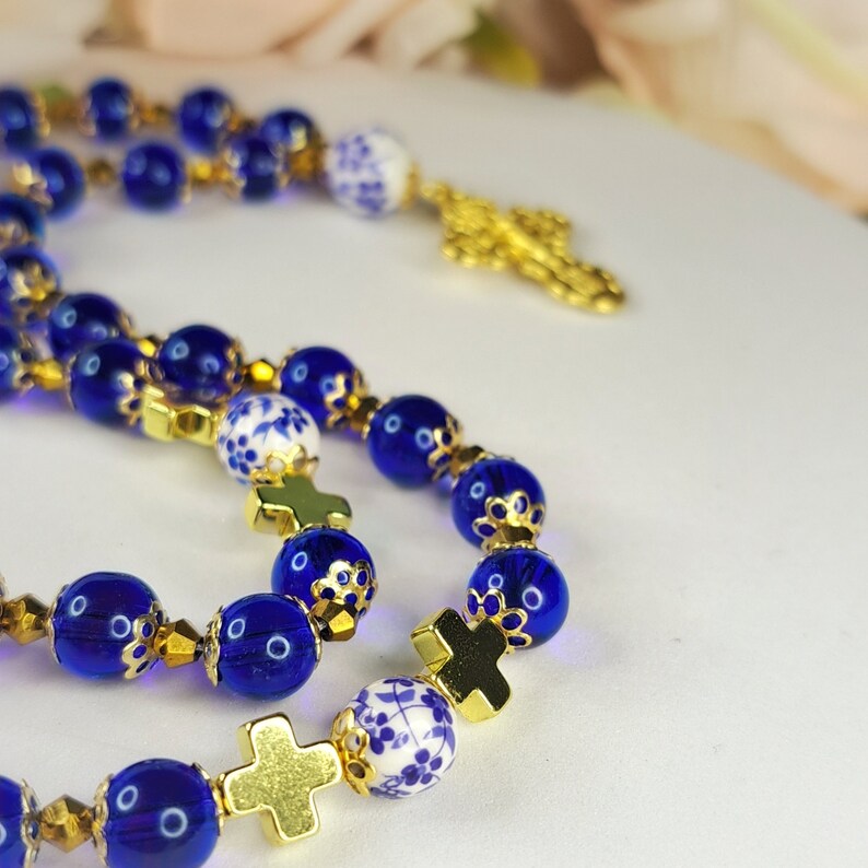 Orthodox Prayer Rope, Royal Blue, Porcelain, Gold Cross, 33 Knots Beads ...
