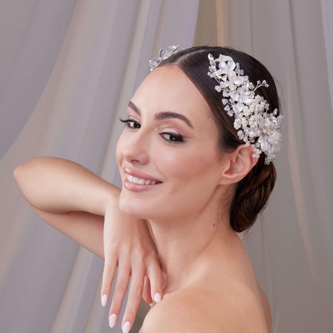 Two-piece Flower Wedding Hair Vine Set – Crystal Beads, Silver-plated ...