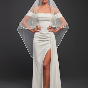 Ivory and Off-white Bridal Ribbon Wedding Veil, Two Tiered Simple Veil ...