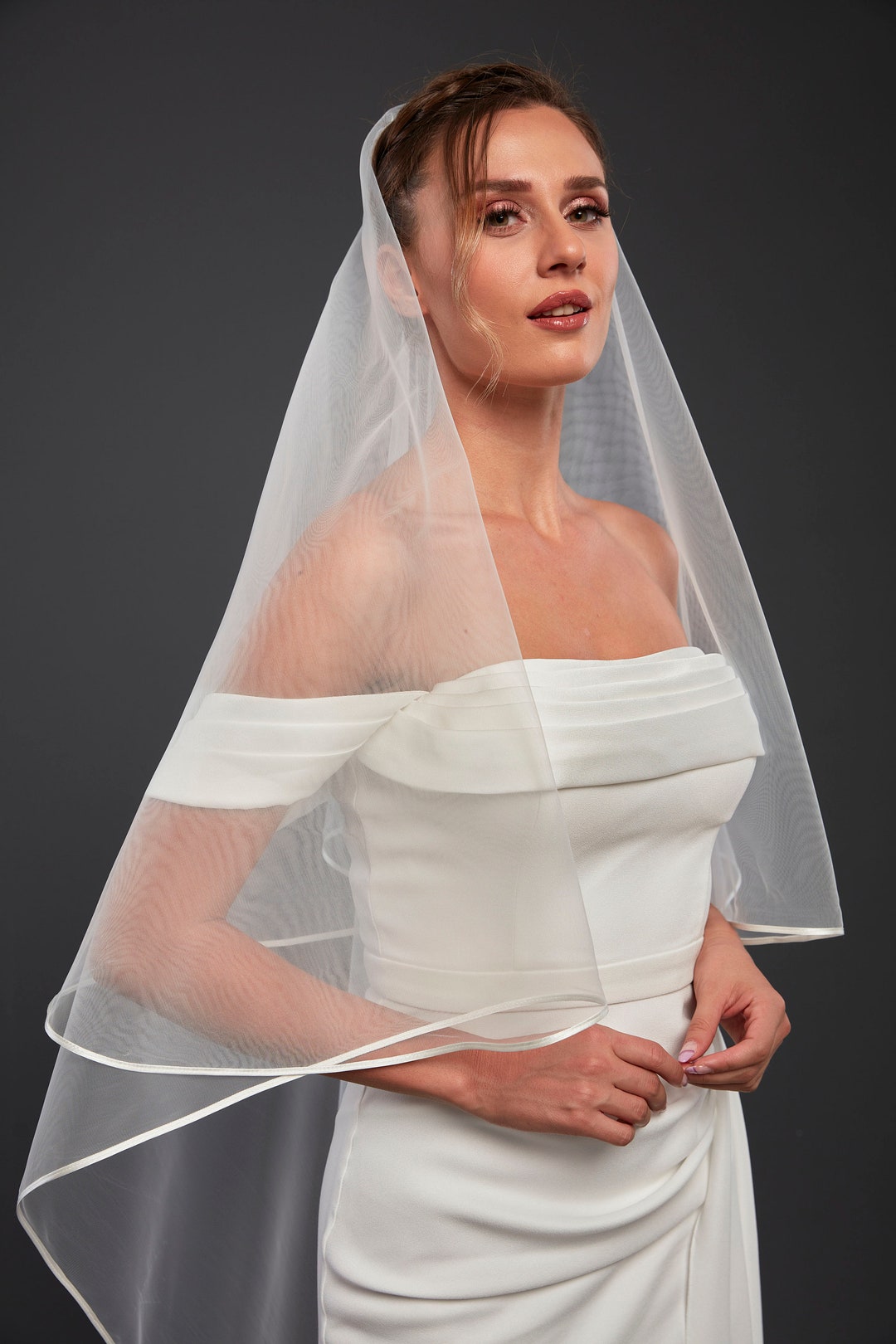 Ivory and Off-white Bridal Ribbon Wedding Veil, Two Tiered Simple Veil ...