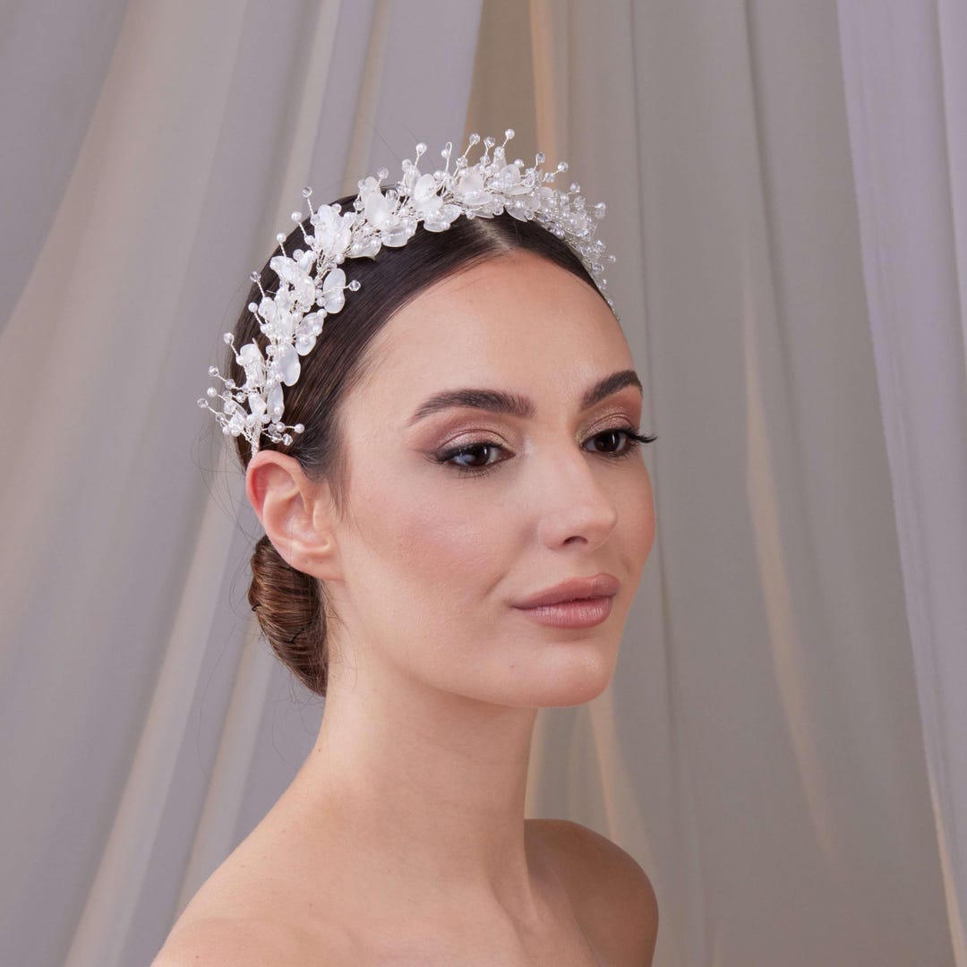 Flower and Crystal Bridal Hair Band – Handmade Silver-plated Wire ...