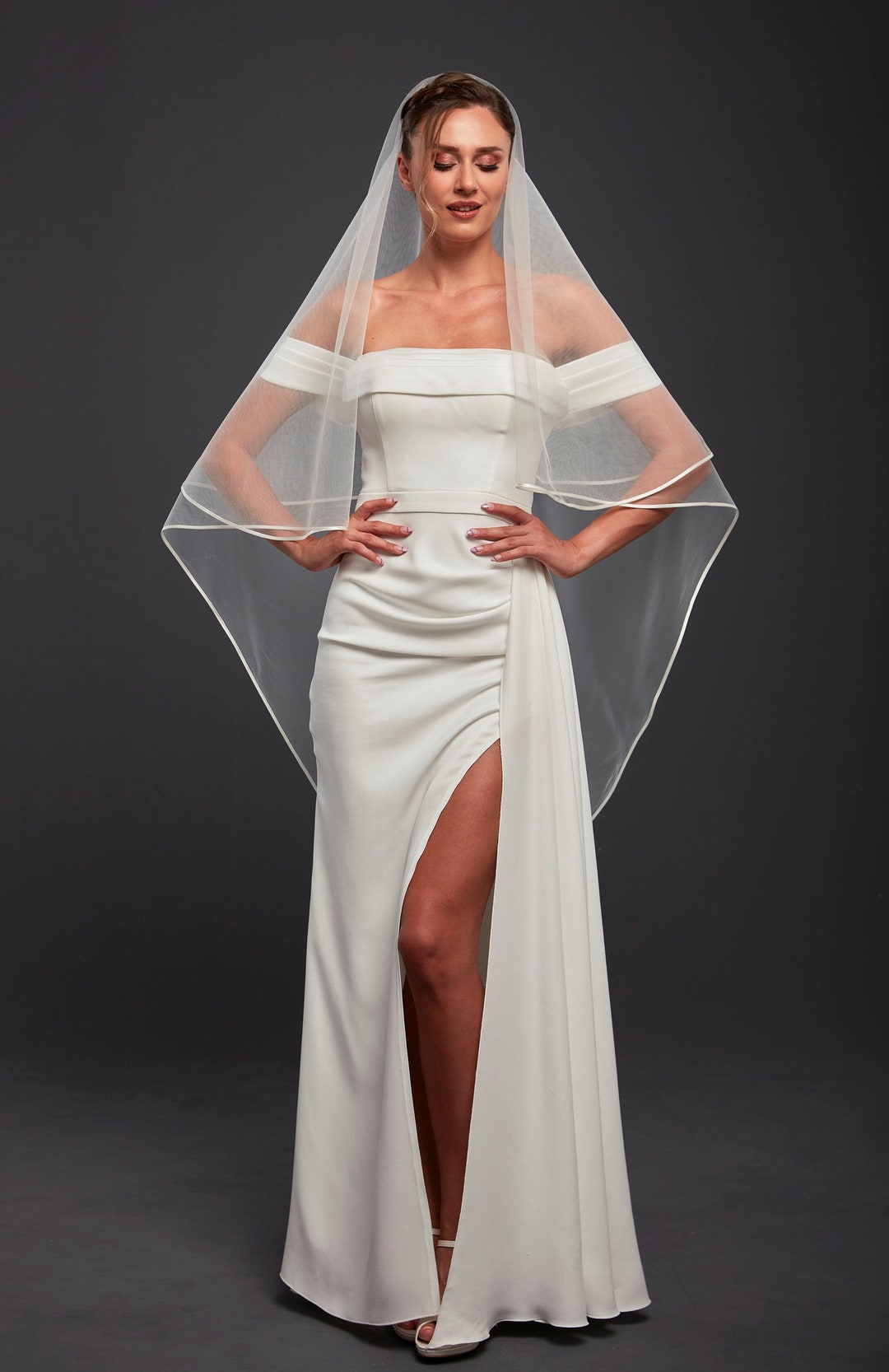 Ivory and Off-white Bridal Ribbon Wedding Veil, Two Tiered Simple Veil ...