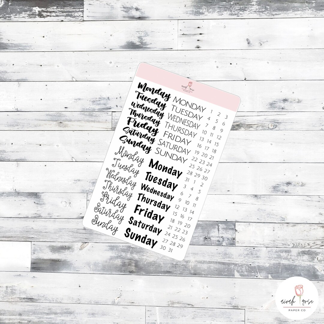 Weekday Script Planner Stickers for All Planner Sizes, Weekday Script ...
