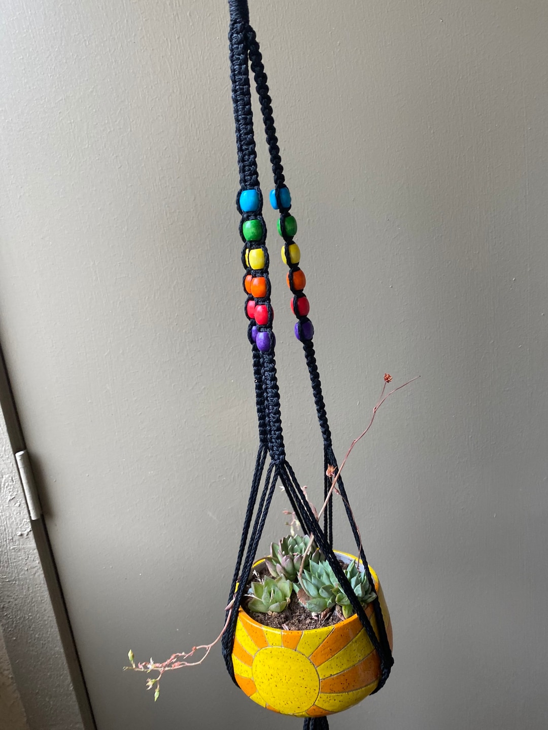 Black Macrame Plant Hanger With Rainbow Beads - Etsy