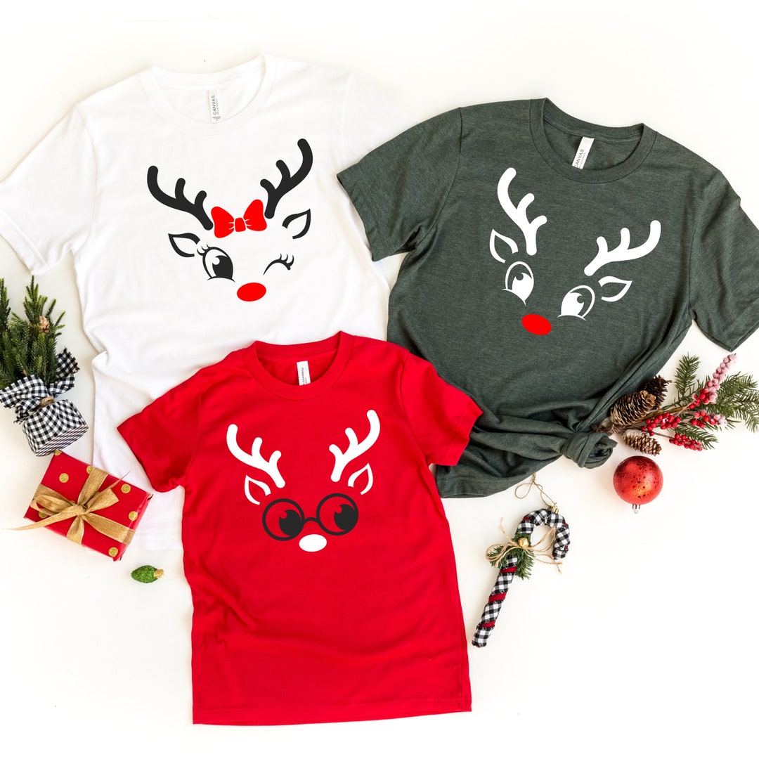 Family Reindeer Face Shirt, Red Nose Reindeer Shirt, Reindeer Christmas ...