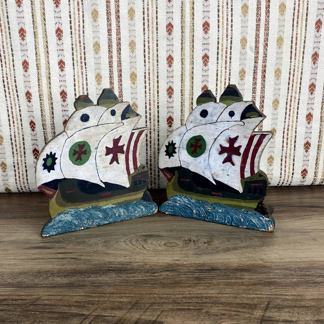 Vintage Bookends, Ship Folk Art, Wood and Metal Book Ends, Sailing Ship ...