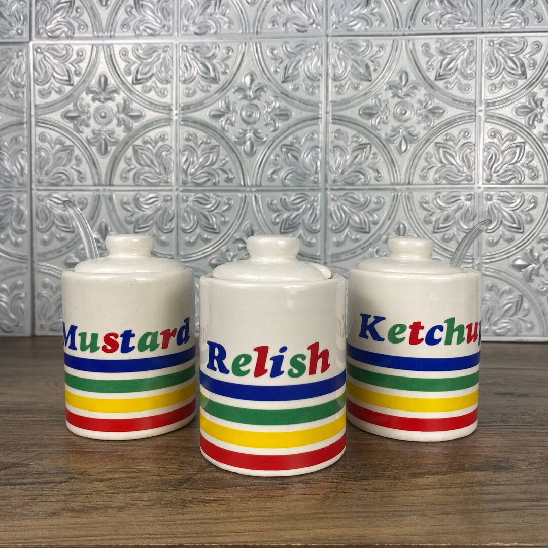 Vintage Condiment Set With Lids, Primary Colors, Rainbow Stripe ...
