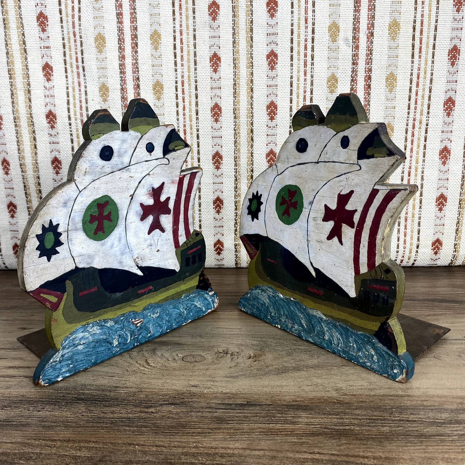 Vintage Bookends, Ship Folk Art, Wood and Metal Book Ends, Sailing Ship ...